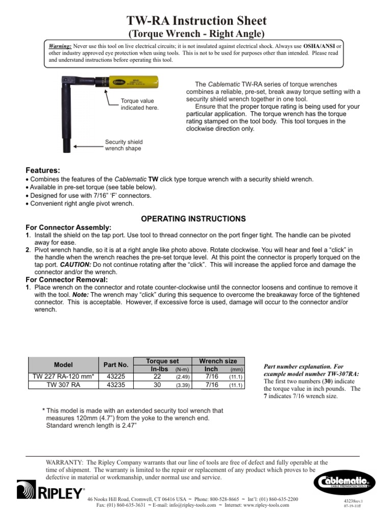 TW-RA Instruction Sheet: (Torque Wrench - Right Angle) | PDF | Torque ...