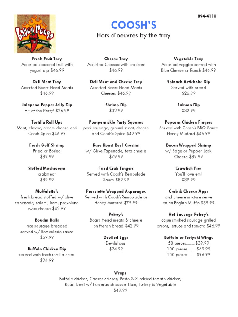 A Comprehensive Menu of Catering Options from Coosh's | PDF | Sausage | Salad