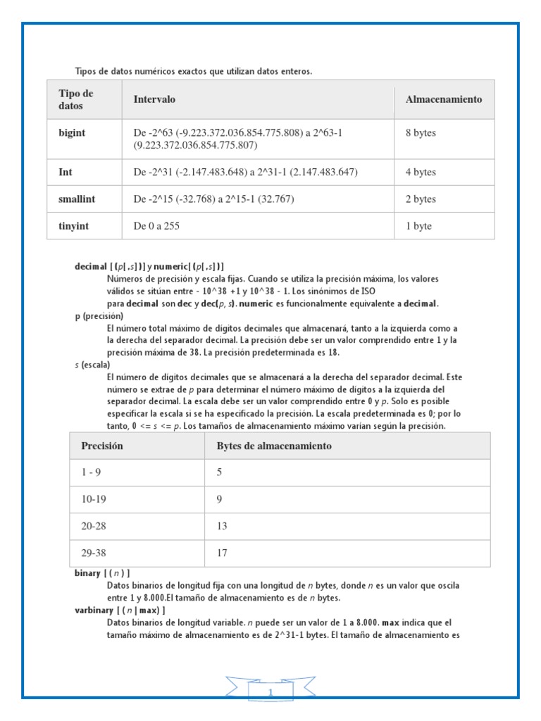Tipos de Datos Numéricos Exactos Que Utilizan Datos Enteros | PDF ...