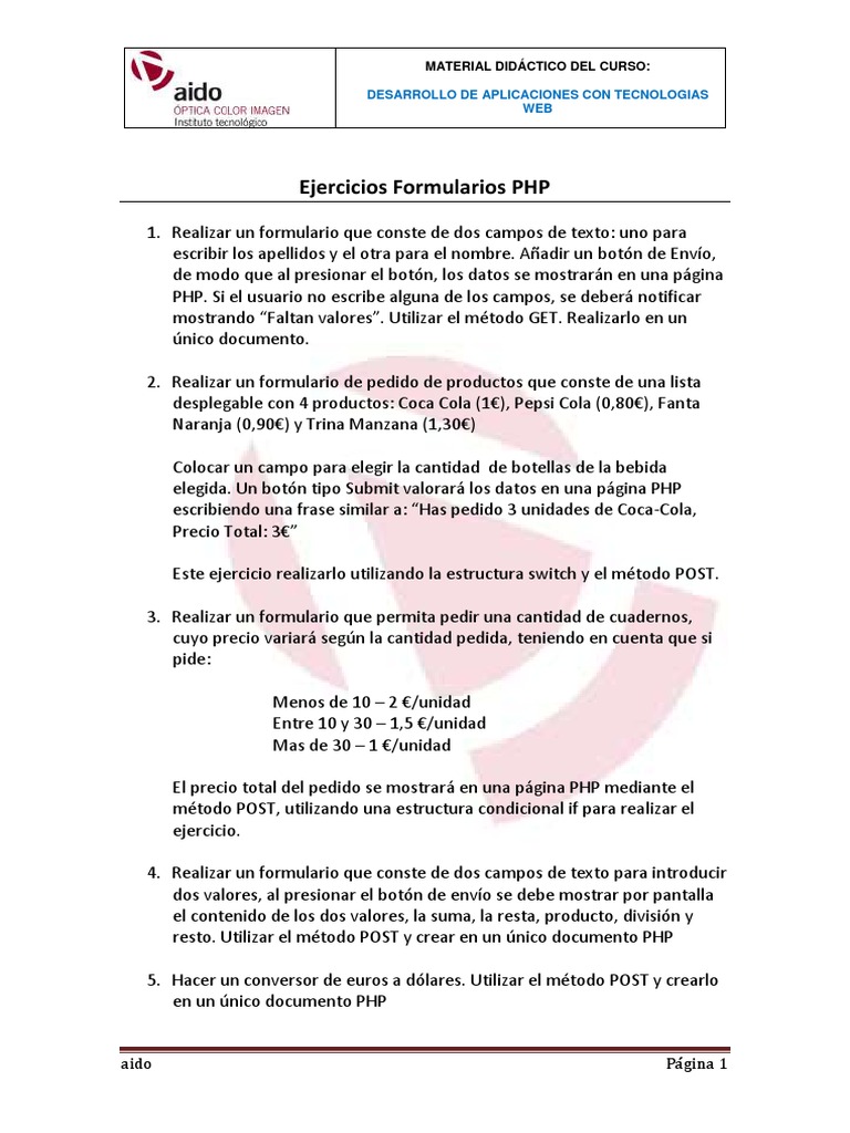 Ejercicios PHP para Formularios Web | PDF