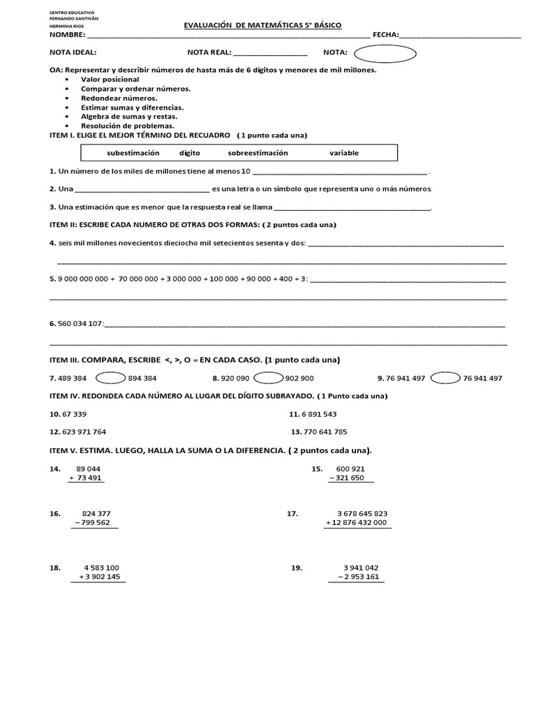 Prueba de Matematicas 5° Basico | PDF
