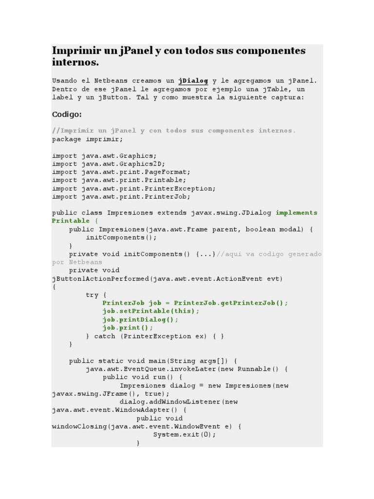Imprimir Un Jpanel y Con Todos Sus Componentes Internos | PDF