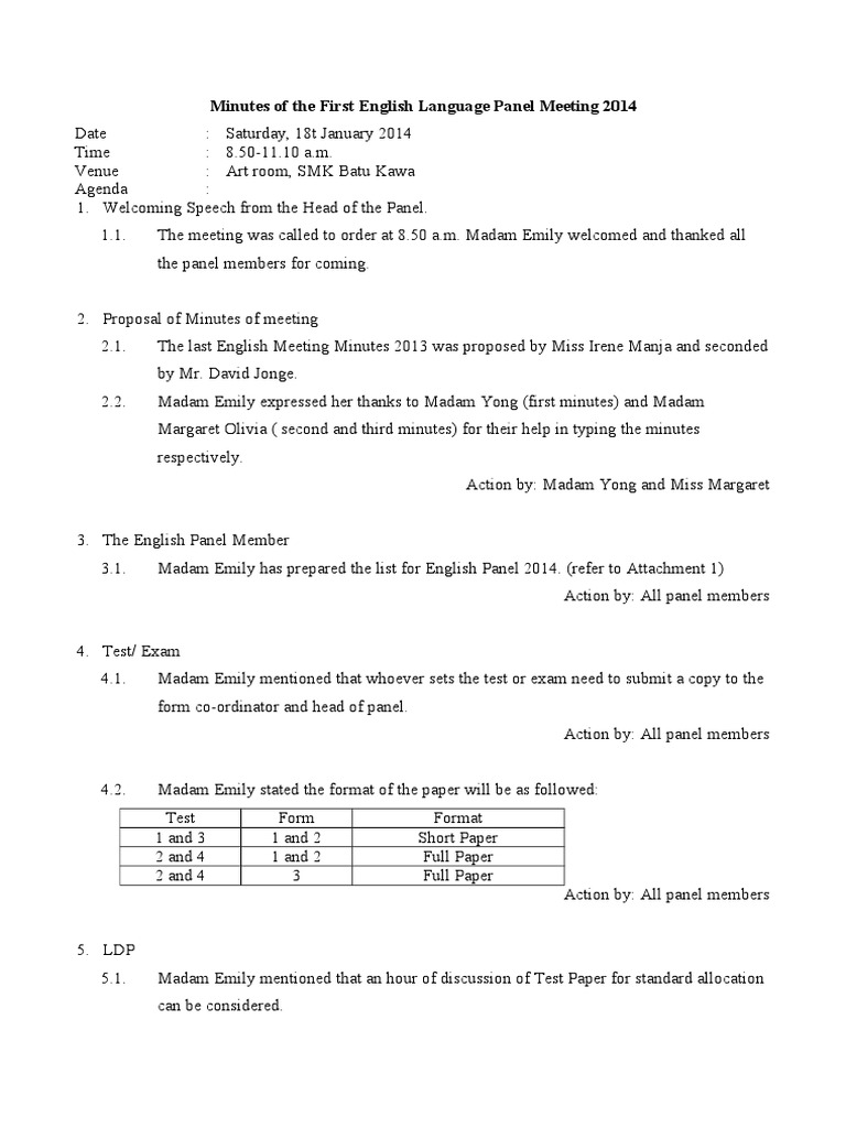 Minutes of English Language Panel Meeting 2014 First | PDF