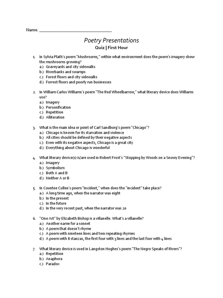 Poetry Presentations Quiz 1h | PDF | Sylvia Plath | Poetry
