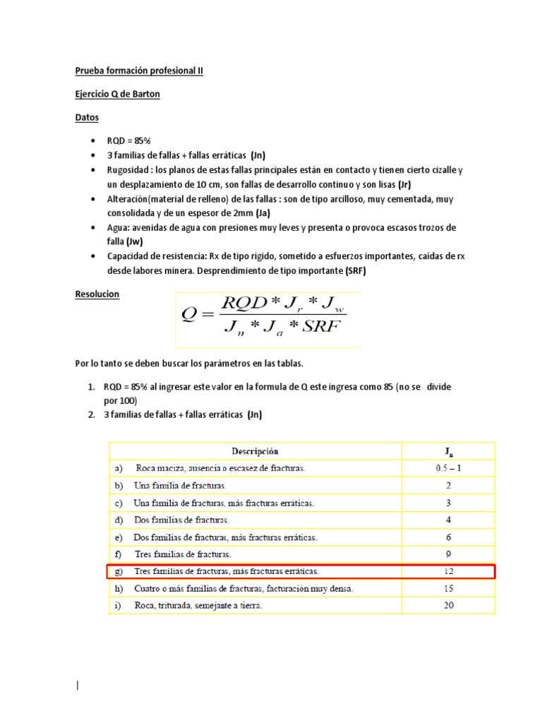 Ejercicio de Q de Barton en Rocas | PDF