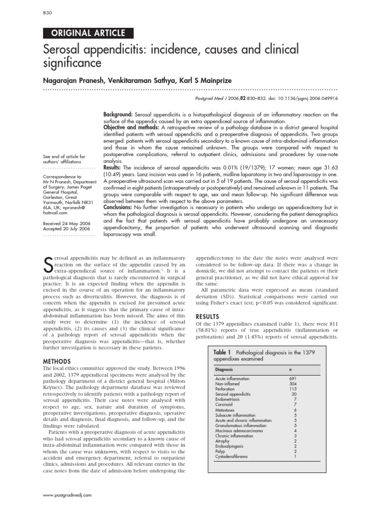 Serosal Appendicitis: Incidence, Causes and Clinical Significance | PDF ...