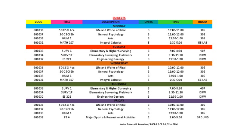 Course Schedule for BSCE-2 Students | PDF