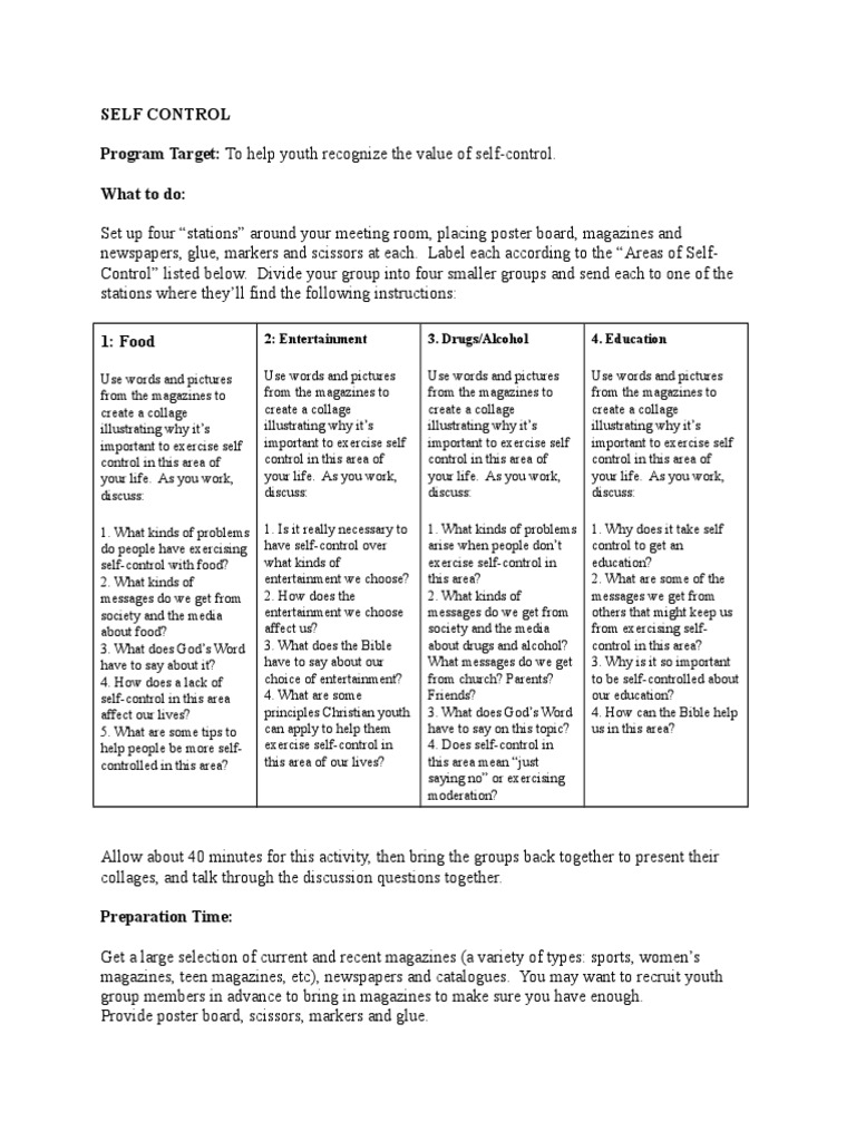 Self Control Program Target: To Help Youth Recognize The Value of Self ...