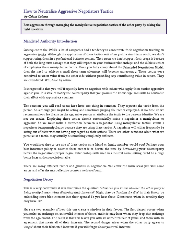 How To Neutralise Aggressive Negotiators Tactics | PDF | Negotiation ...