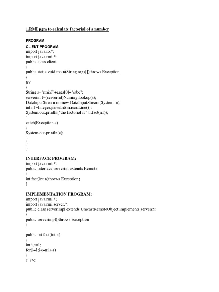 1rmi Pgm To Calculate Factorial Of A Number Program Client Program Pdf Java Programming