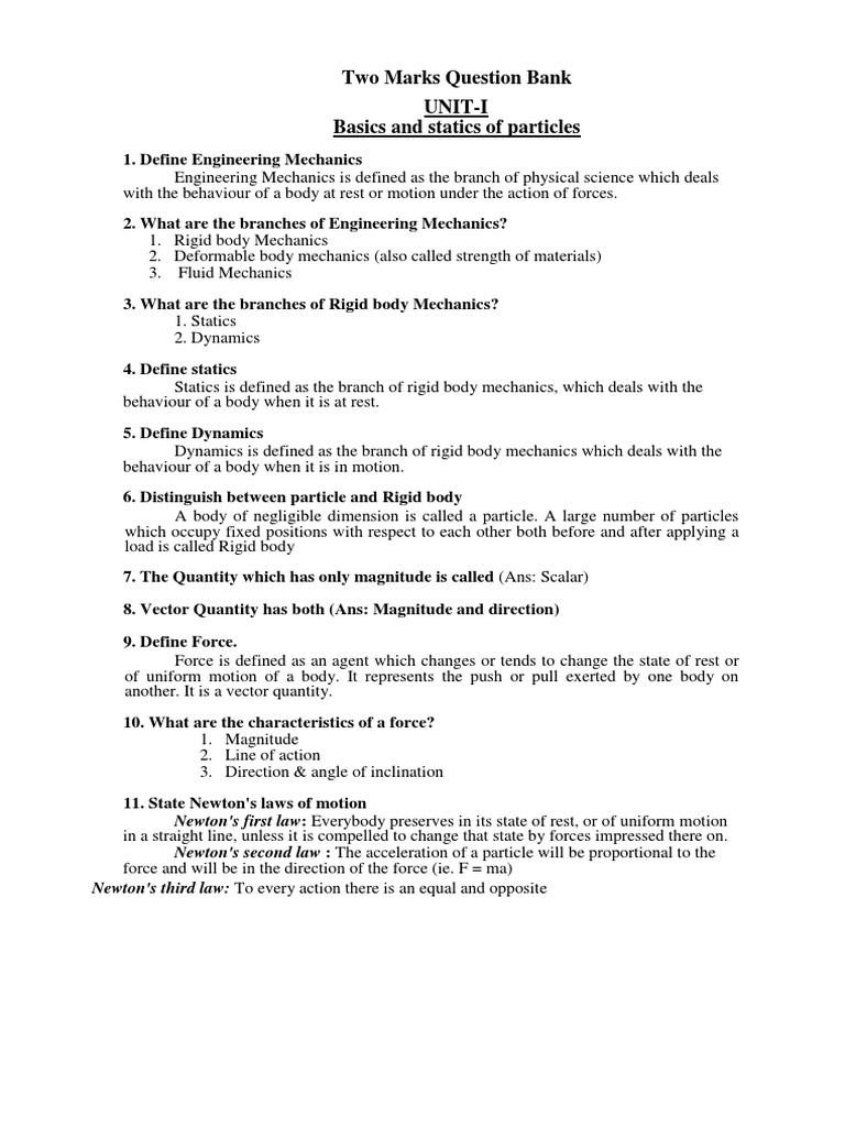 Two Marks Question Bank Unit-I Basics and Statics of Particles | PDF ...