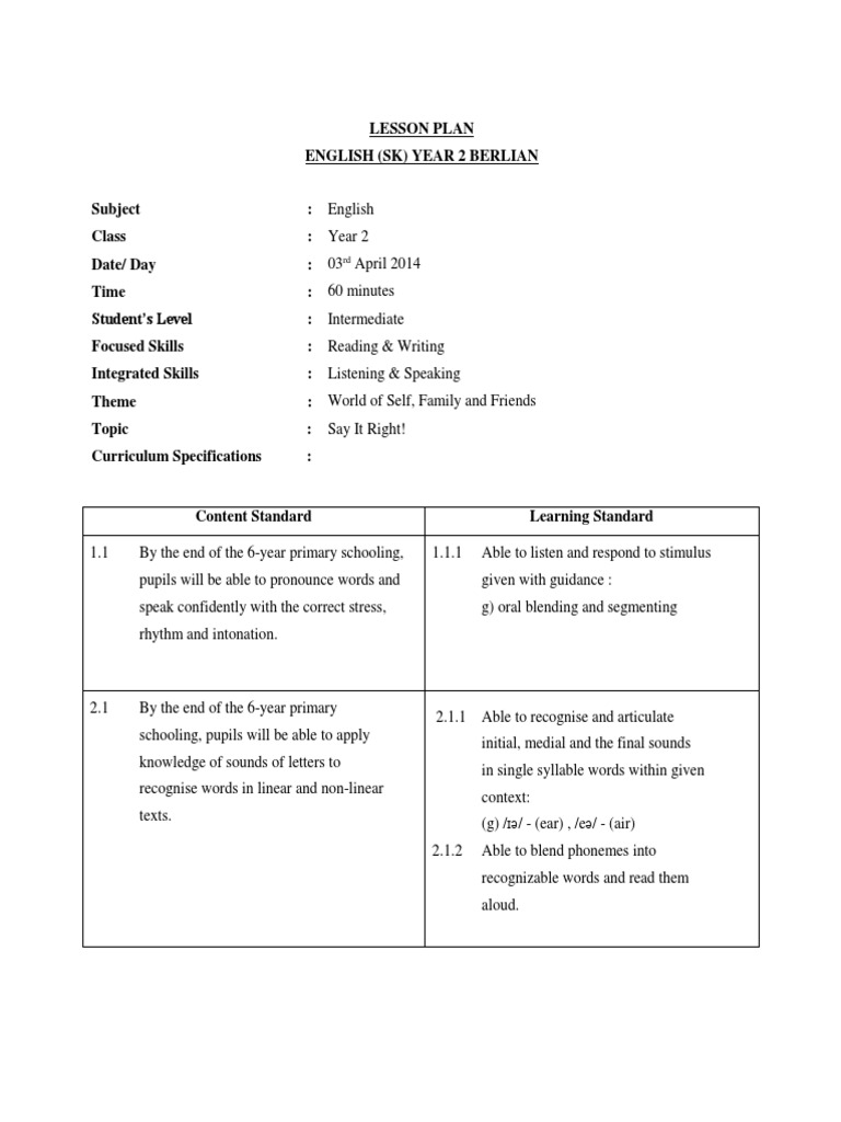 Lesson Plan English KSSR Year 2 | Lesson Plan | English Language