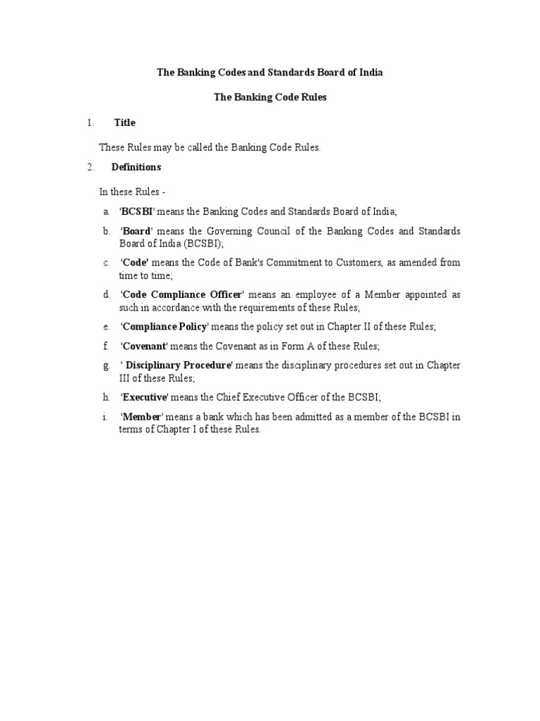 The Banking Codes and Standards Board of India The Banking Code Rules ...