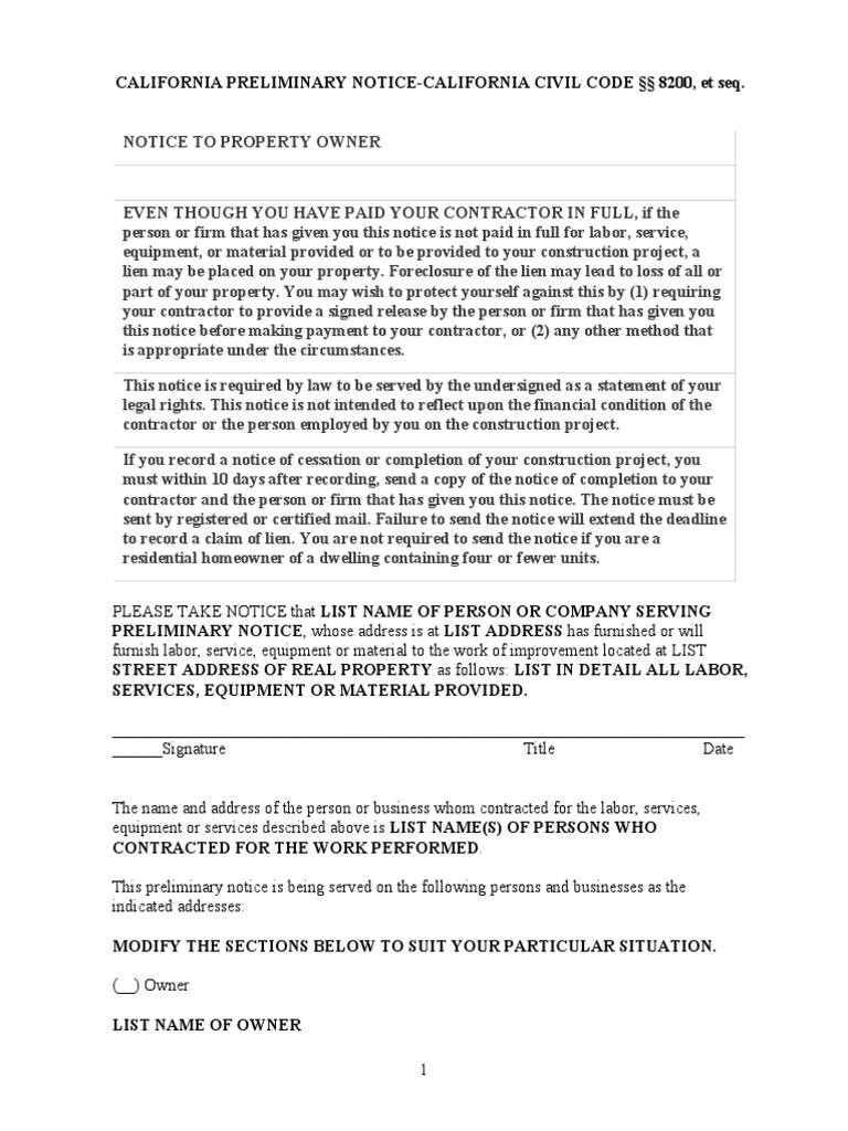 Sample Preliminary Notice for California | Common Law | Private Law