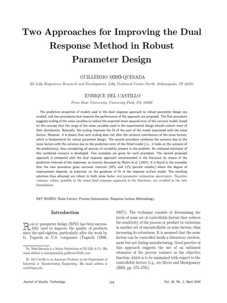 Two Approaches For Improving The Dual Response Method in Robust Parameter Design | PDF ...