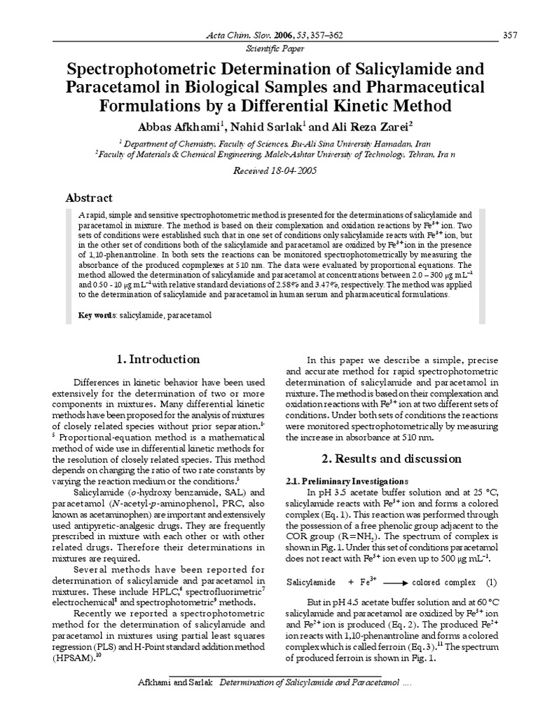 Spectrophotometric Determination Of Salicylamide And Paracetamol Pdf Ph Spectrophotometry