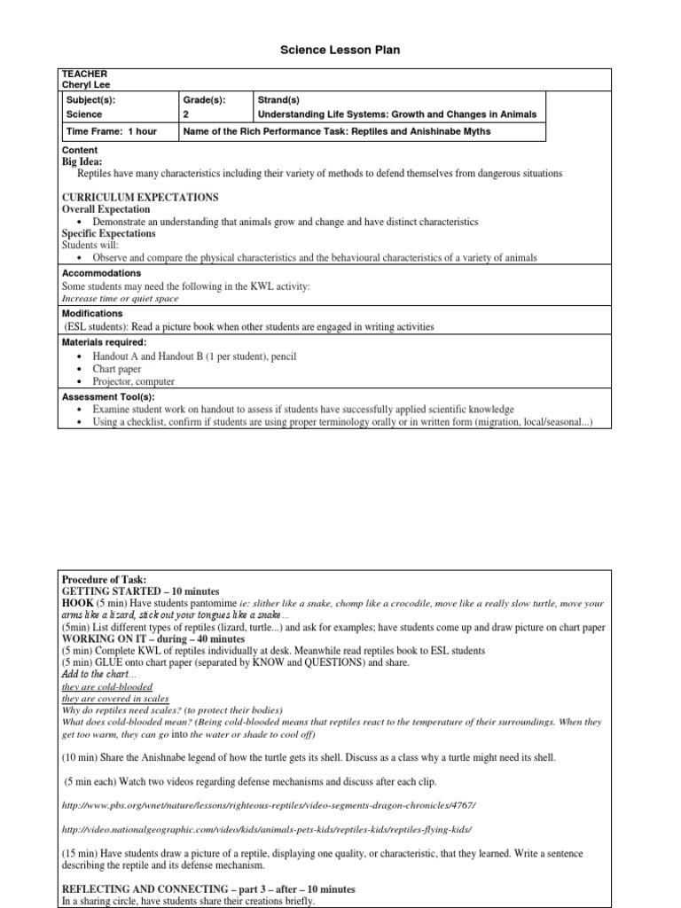 Reptiles 1 Lesson Plan | PDF | Reptile | Lesson Plan