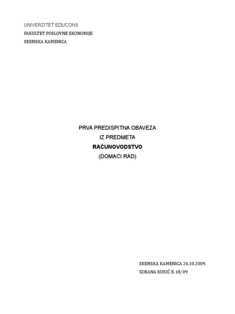 Racunovodstvo Domaci Rad 1 Prof Vidaković | PDF