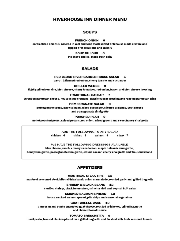 Riverhouse Inn Dinner Menu March 2014 | PDF | Salad | Foods