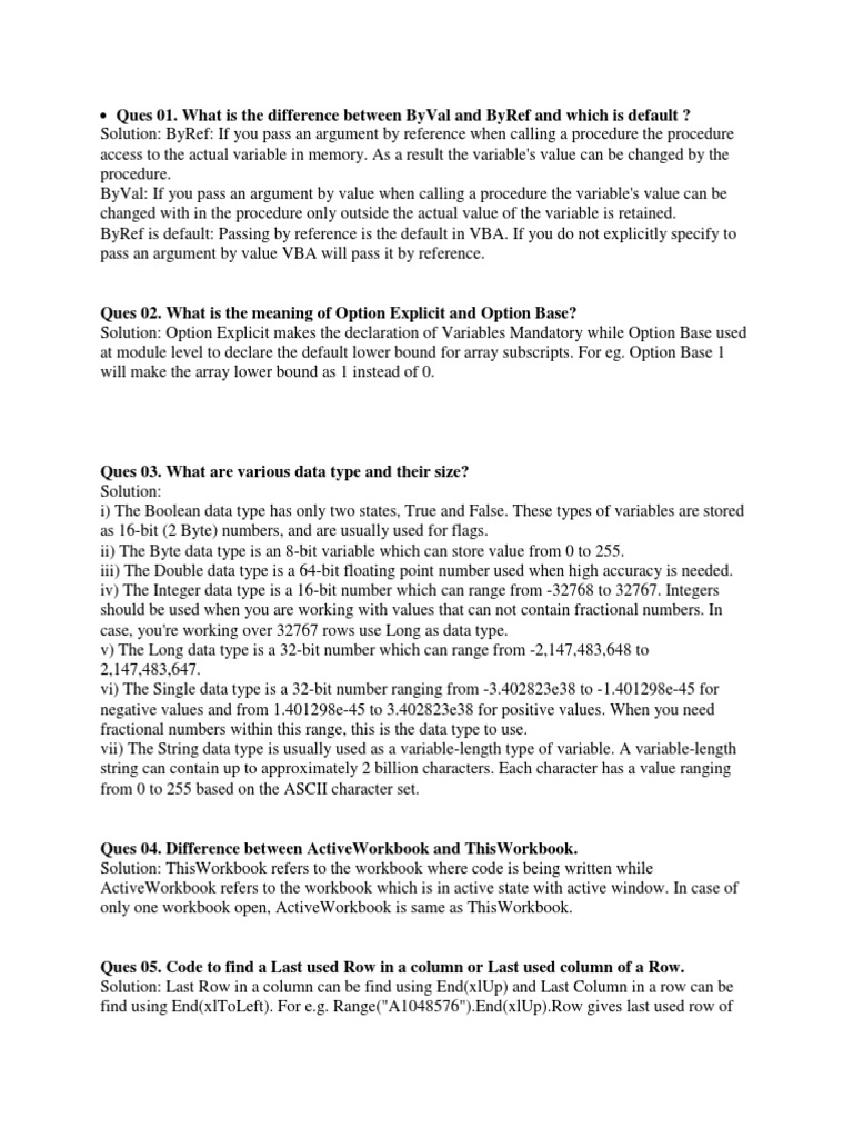VBA Interview Questions Answers | PDF | Visual Basic For Applications ...
