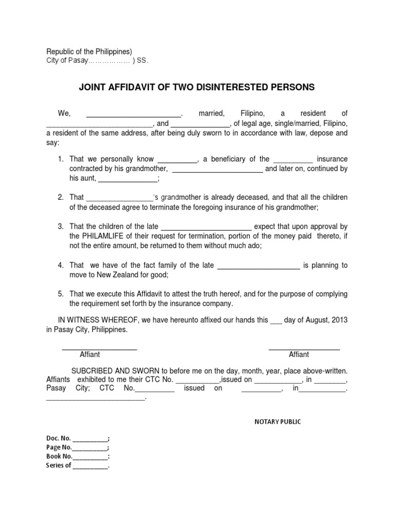 JOINT AFFIDAVIT OF TWO DISINTERESTED PERSONS and Affidavit of Legal ...