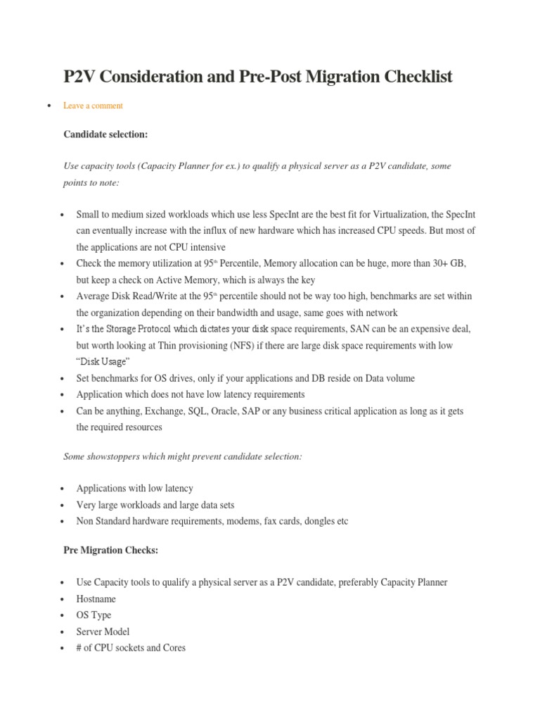 Consideration and Preparation of P2V - Checklist | PDF | V Mware | Office Equipment