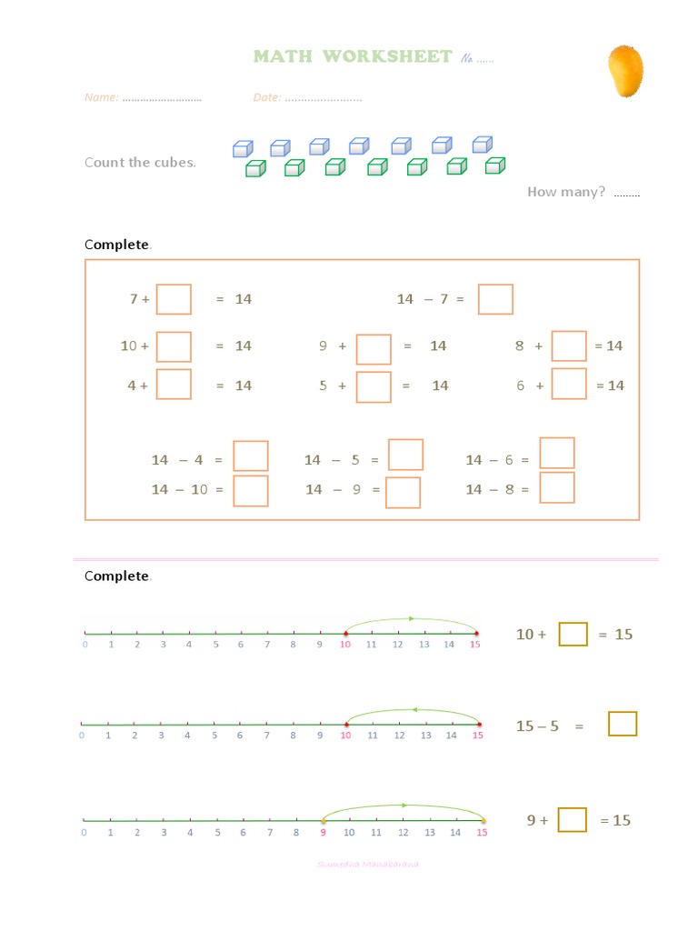 Math Worksheet - Add or Subtract, Numbers 14 and 15 | PDF | Cooking ...