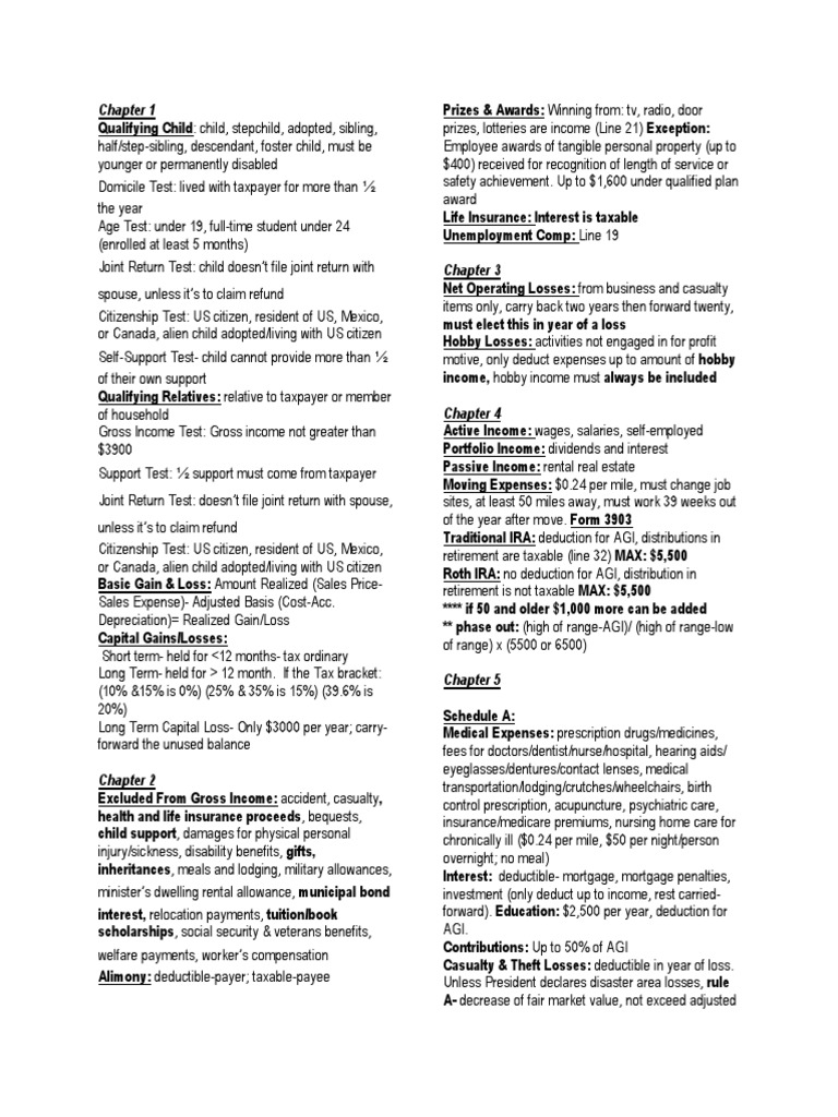Tax Cheat Sheet - Exam 1 | PDF | Tax Deduction | Renting