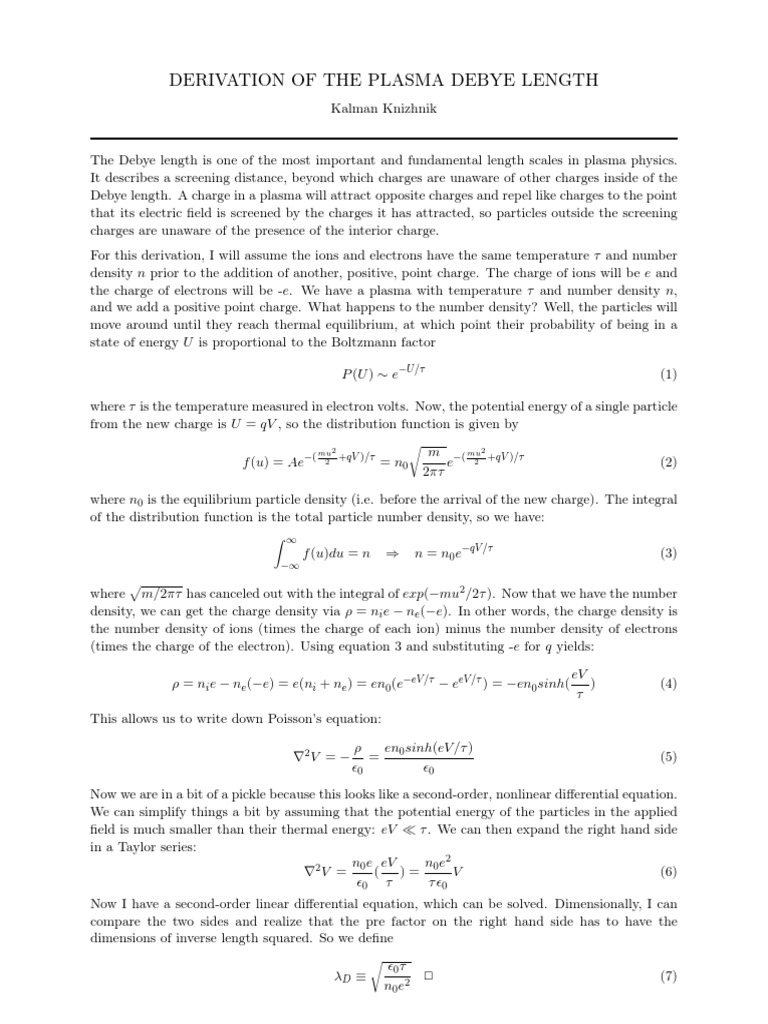 Derivation of Plasma Debye Length | PDF | Plasma (Physics) | Phases Of ...