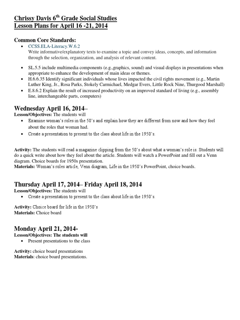 6th Grade Social Studies: 1950s Lessons | PDF | Lesson Plan | Cognitive ...