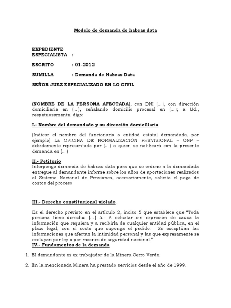 Modelo de Demanda de Habeas Data | Demanda judicial | Jurisprudencia