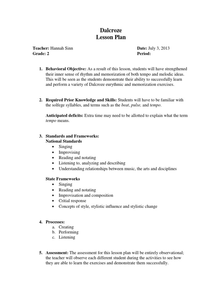 Dalcroze Lesson Plan | PDF | Lesson Plan | Psychological Concepts