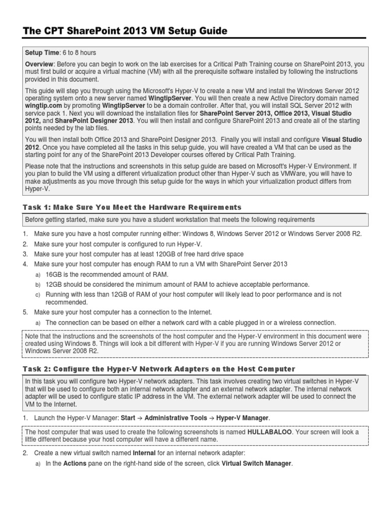 Critical+Path+Training+SharePoint+2013+VM+Setup+Guide V1.0 | PDF | Hyper V | Active Directory