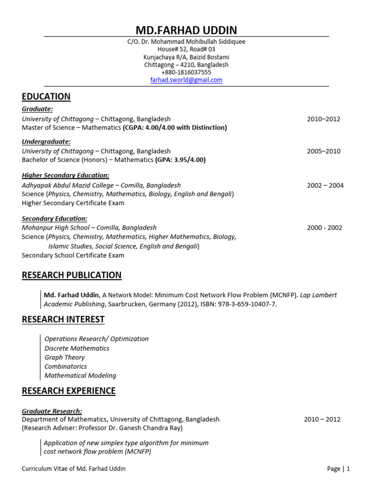 Farhad Academic CV | Bangladesh | Master Of Science