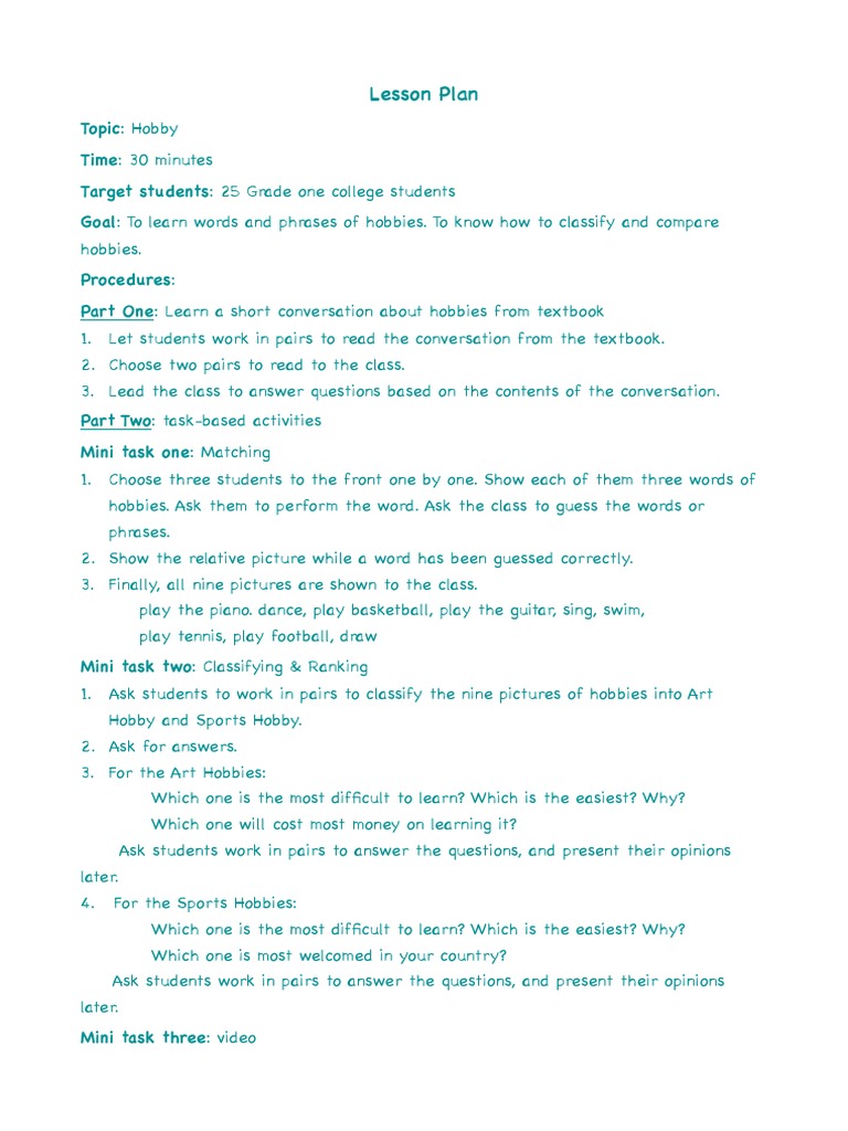 Grade One Hobby Lesson Plan | PDF | Games & Activities | Foreign ...