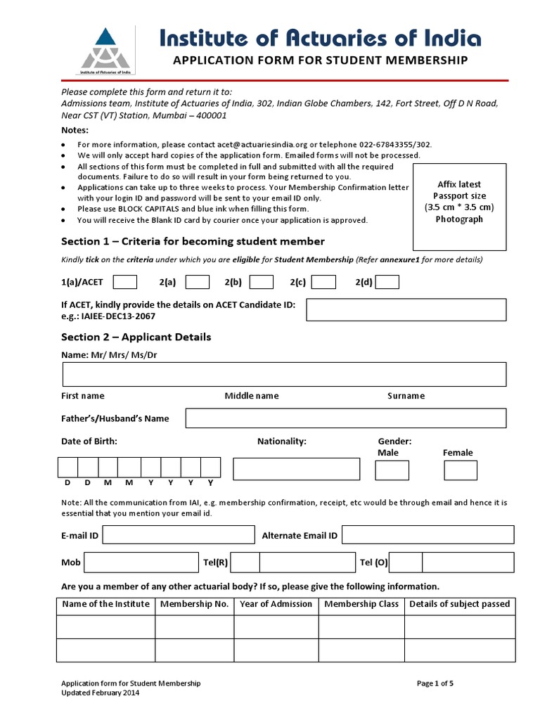 Admission Form for Institute of Actuaries of India(IAI) | Actuary ...