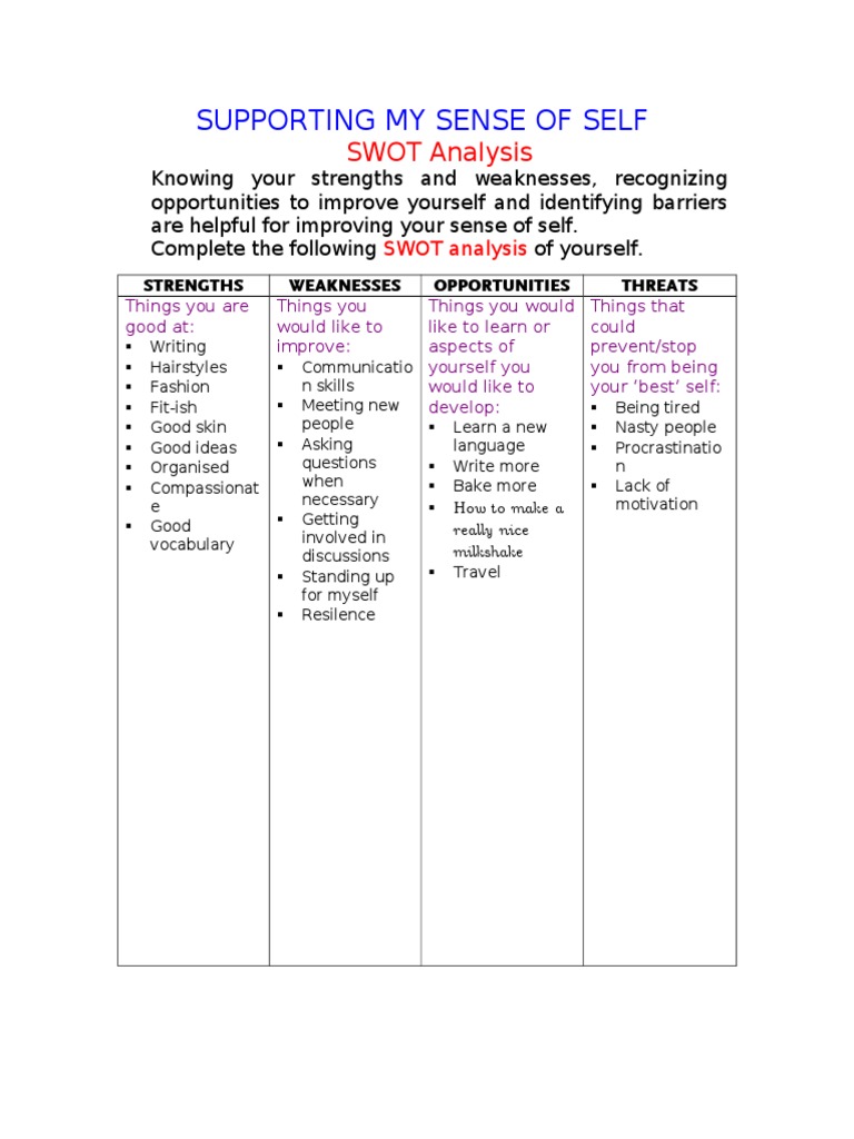 Supporting My Sense of Self: SWOT Analysis | PDF