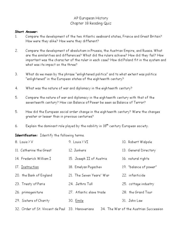 AP European History Chapter 18 Reading Quiz: Short Answer | PDF ...