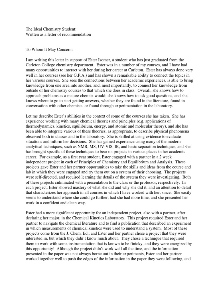 Ideal Student Chemistry Reference Letter | PDF | Chemistry | Theory