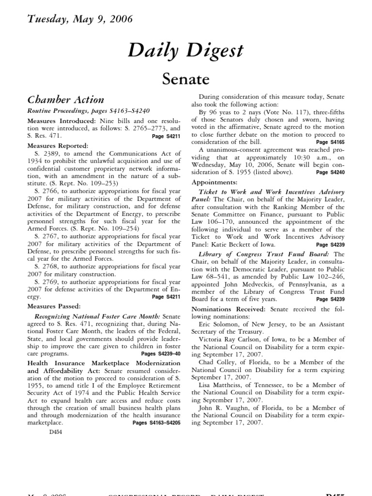 US Congressional Record Daily Digest 09 May 2006 | PDF | United States ...