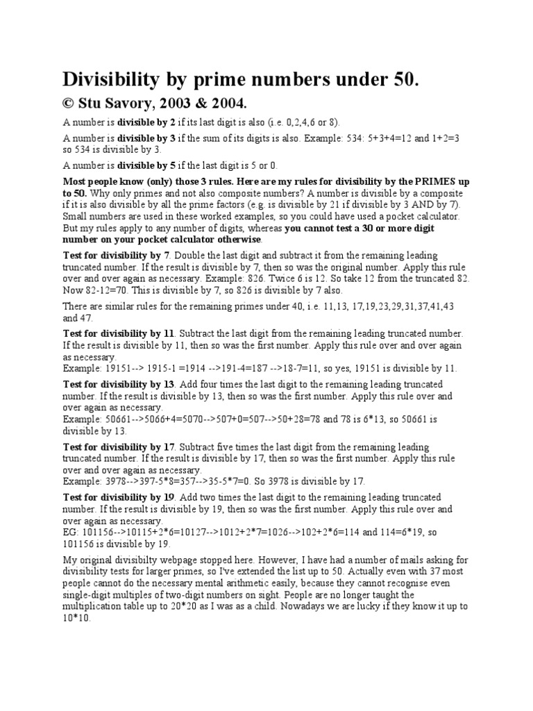 Divisibility by Prime Numbers Under 50 | PDF | Number Theory | Mathematical Concepts