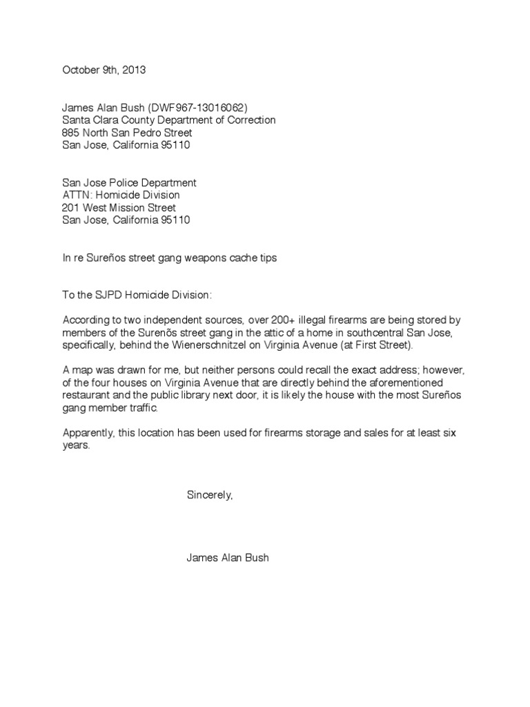 Letter To Police Re Sureños Street Gang Illegal Weapons Cache | PDF