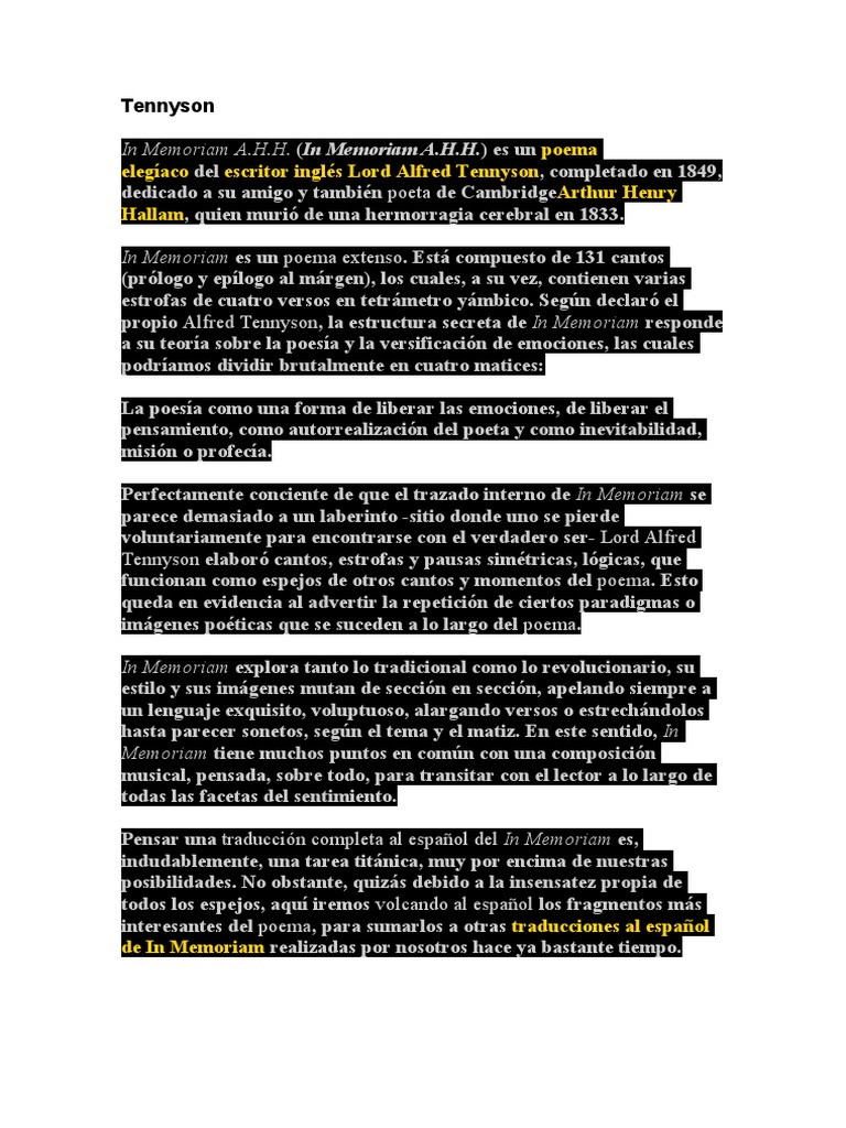 In MEMORIAM For Arthur Henry Hallam | PDF | Poesía