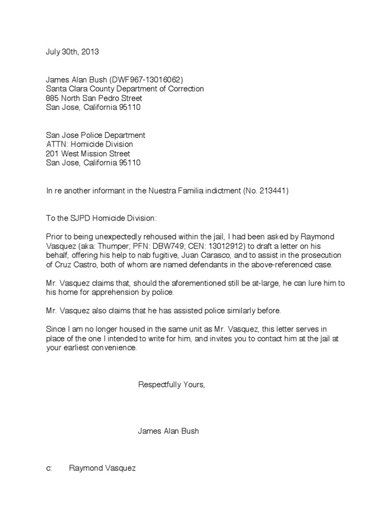 Letter To Police Re Raymond Vasquez's Assistance Locating Nuestra ...