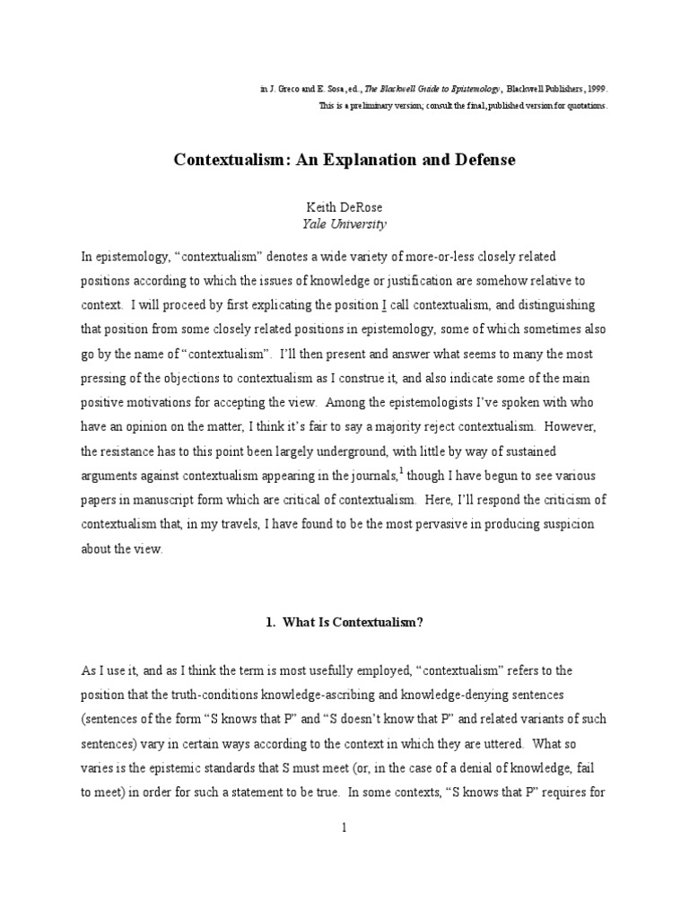 Contextualism: An Explanation and Defense: Yale University | Download ...