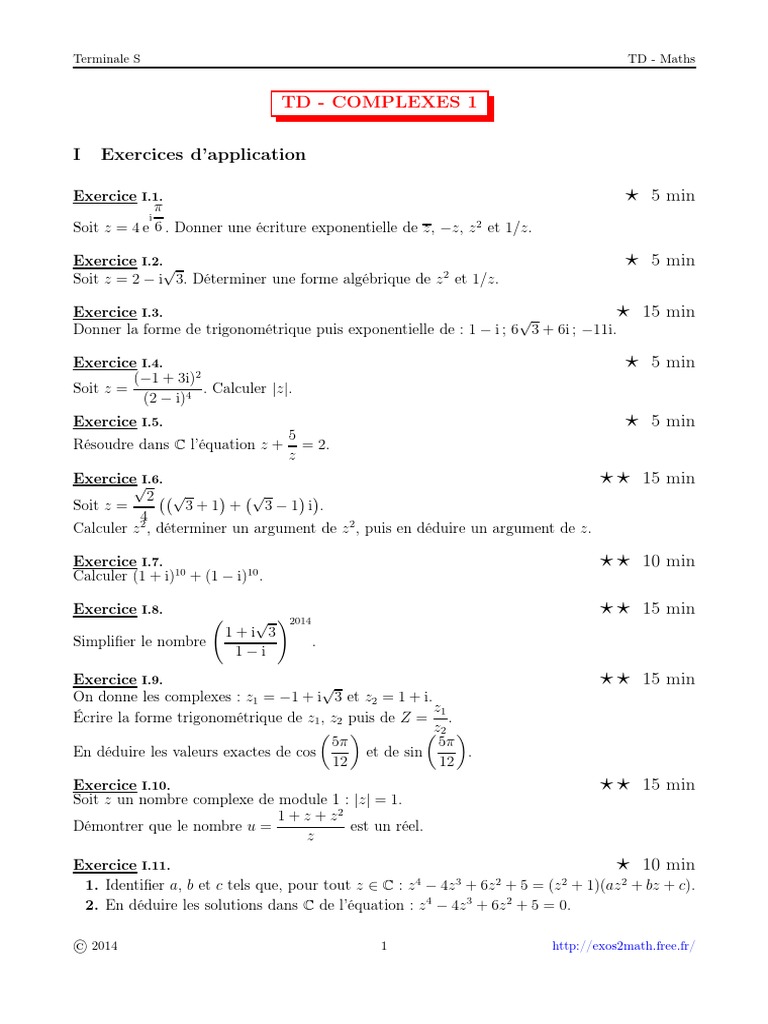 TD Nombres Complexes | Nombre complexe | Fonction exponentielle