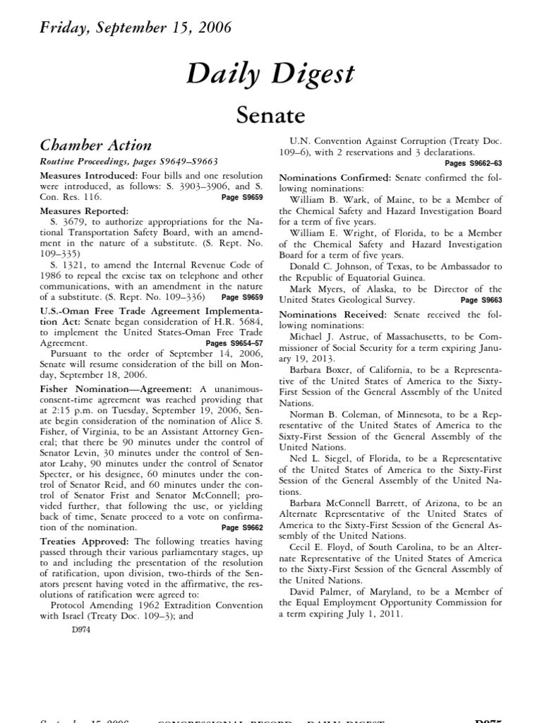 US Congressional Record Daily Digest 15 September 2006 | PDF | United ...
