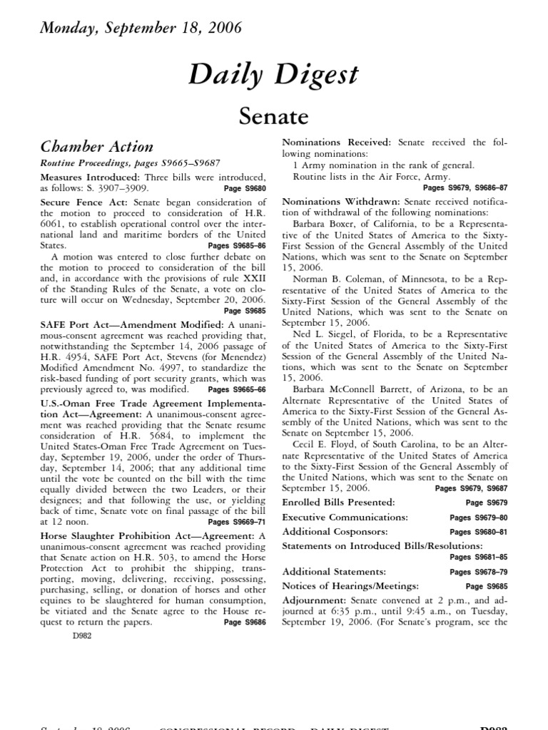 US Congressional Record Daily Digest 18 September 2006 | PDF | United ...