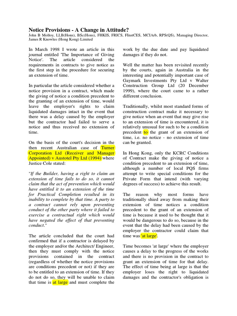 A2001 HKIS - Notice As Time Bar 2 | PDF | Liquidated Damages | Precedent